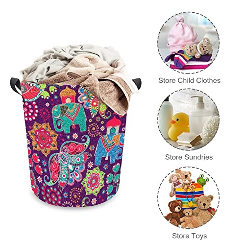 Colorful Flower Elephant Waterproof Laundry Baskets Bohemia Collapsible Laundry Hamper with Handles Large Round Toy Bin for Dirty Clothes,Kids Toys,Bedroom,Bathroom