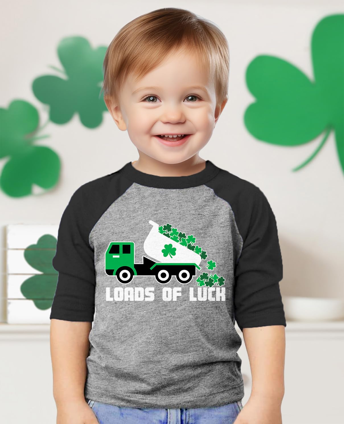 Boys St Patricks Day Shirt Tractor Digging Shamrocks Toddler Kids Raglan T-Shirt 3T Dark Gray
