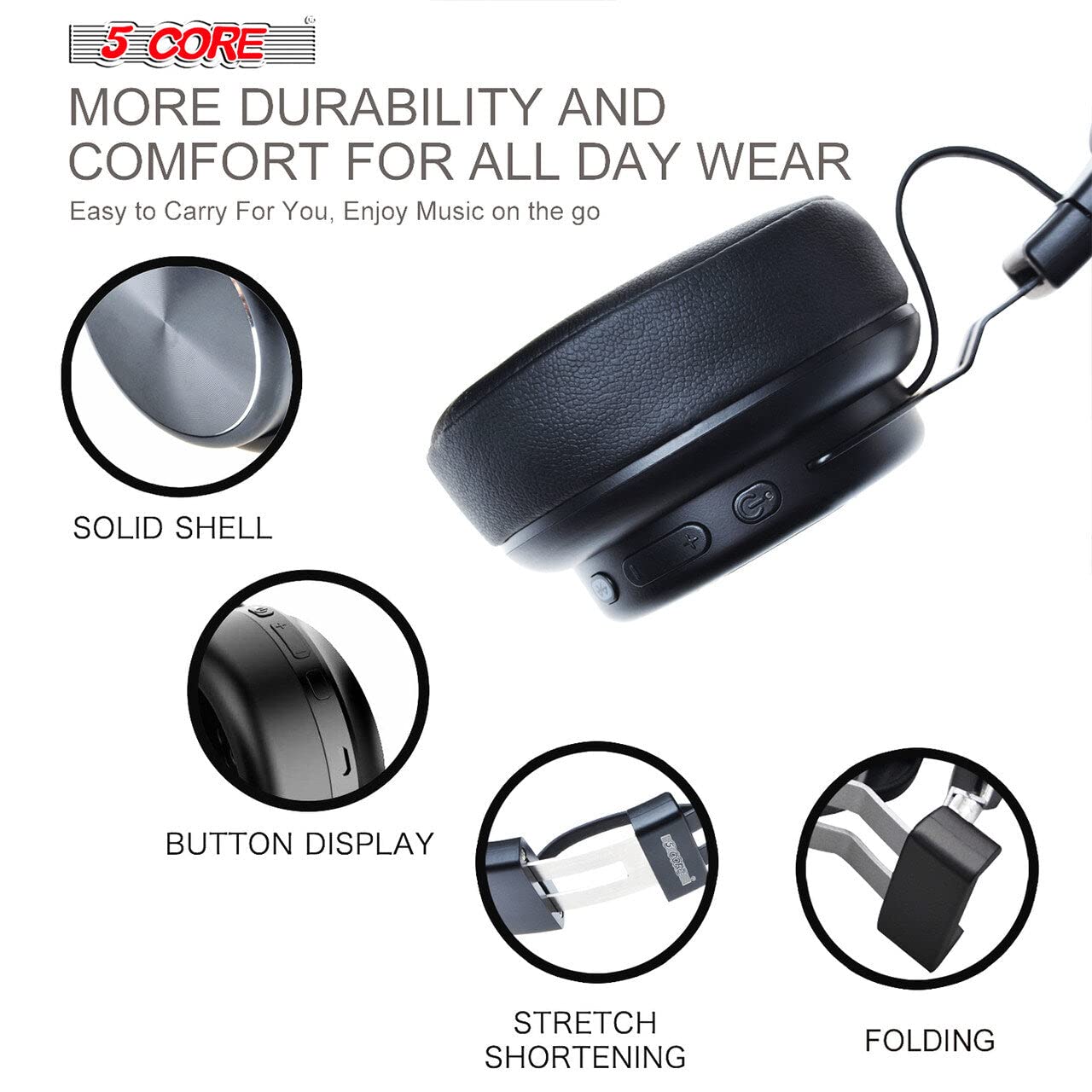 5 CORE Wireless Headphones Bluetooth Over Ear Hi Fi Stereo with Microphone and Volume Control Foldable Perfect Yoga Sports Office Gym - Headphone 13 B