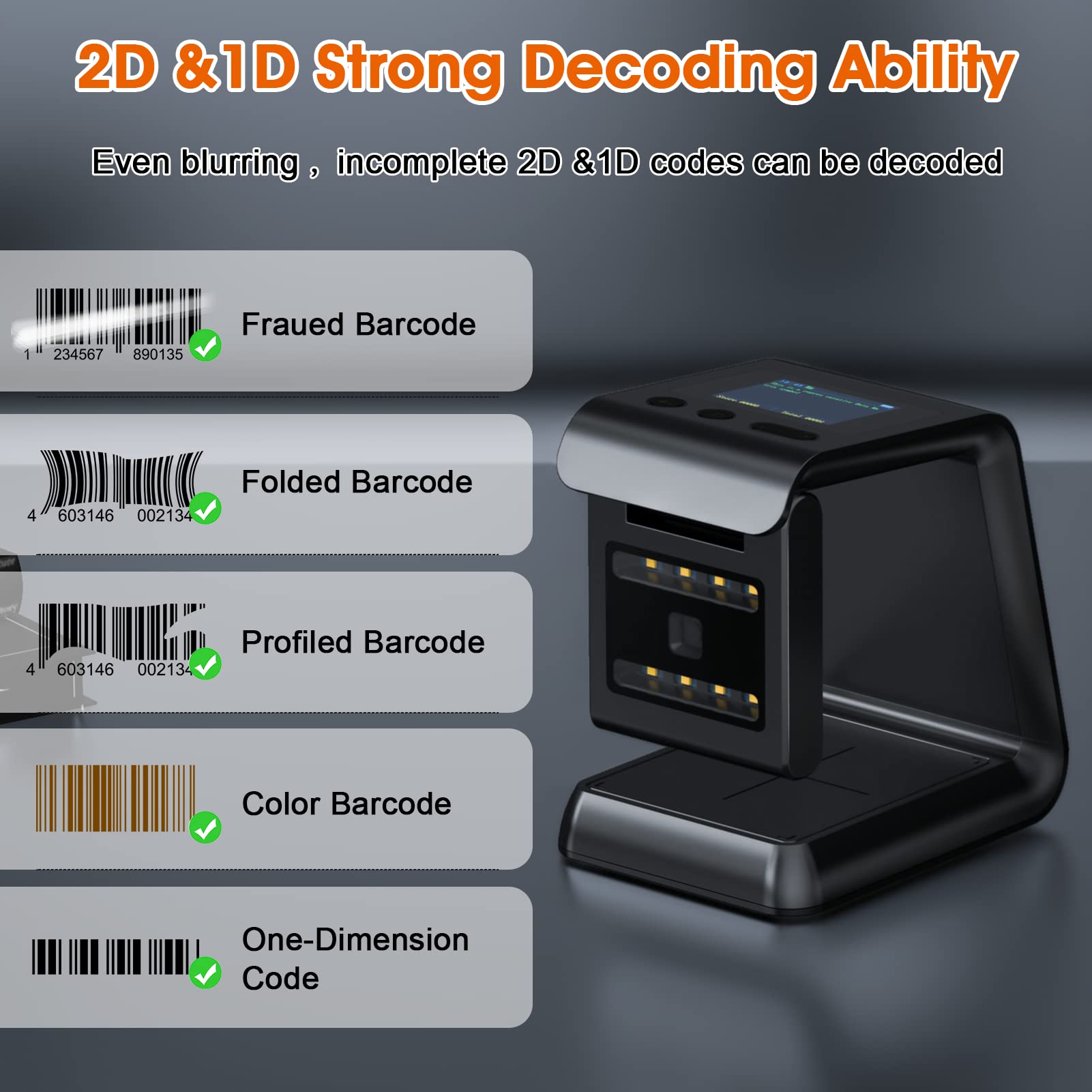 Alacrity 2D QR Wireless Hands-Free Omnidirectional Desktop Barcode Scanner, with Screen Display and Large Capacity Batteries, Compatible with Bluetooth & 2.4GHz Wireless, for Airport, Supermarket