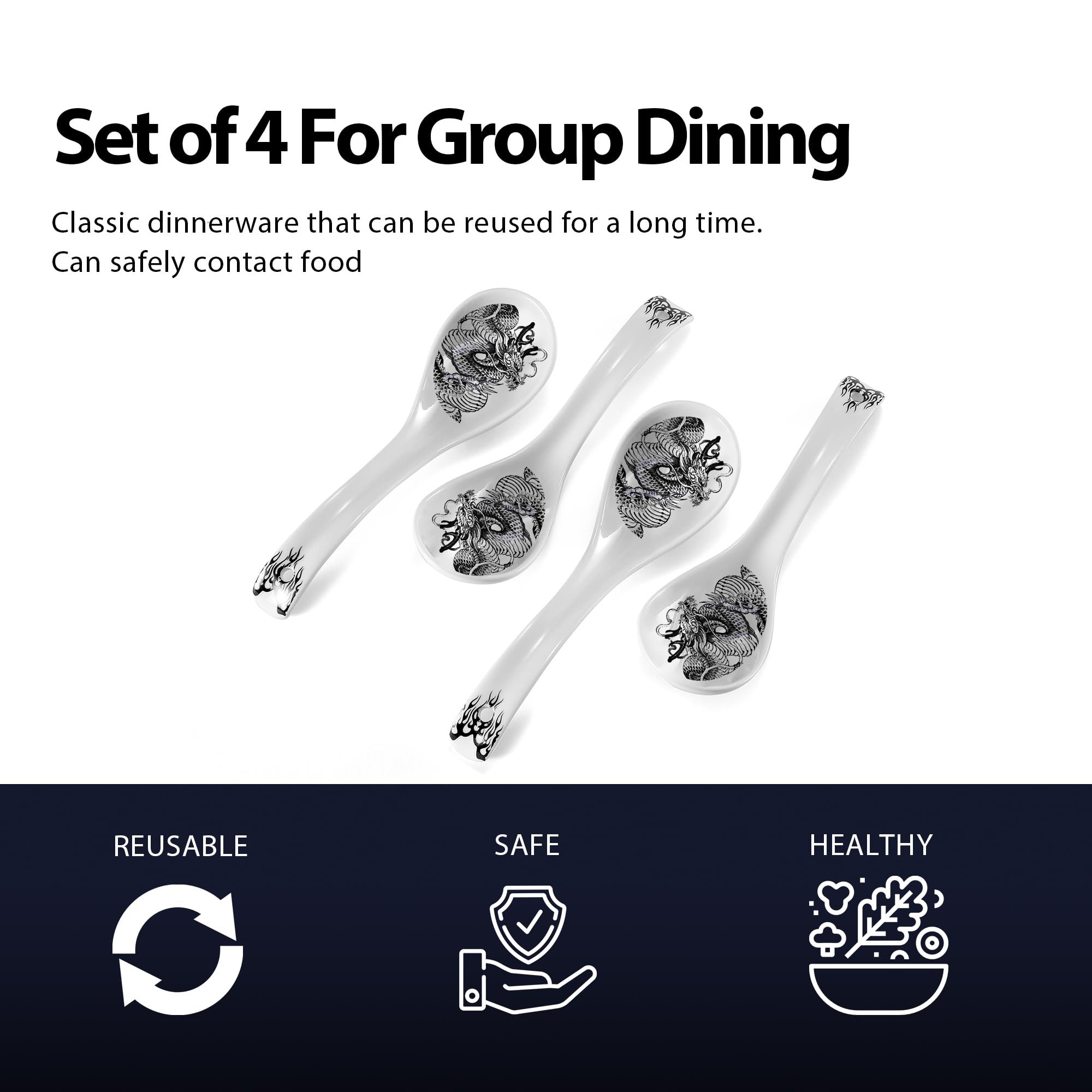 Dragon Ceramic Spoon Soup Spoons Asian Soup Spoon Chinese Korean Japanese Ramen Pho Miso Spoons Set of 4 with Hole 6.2 Inch
