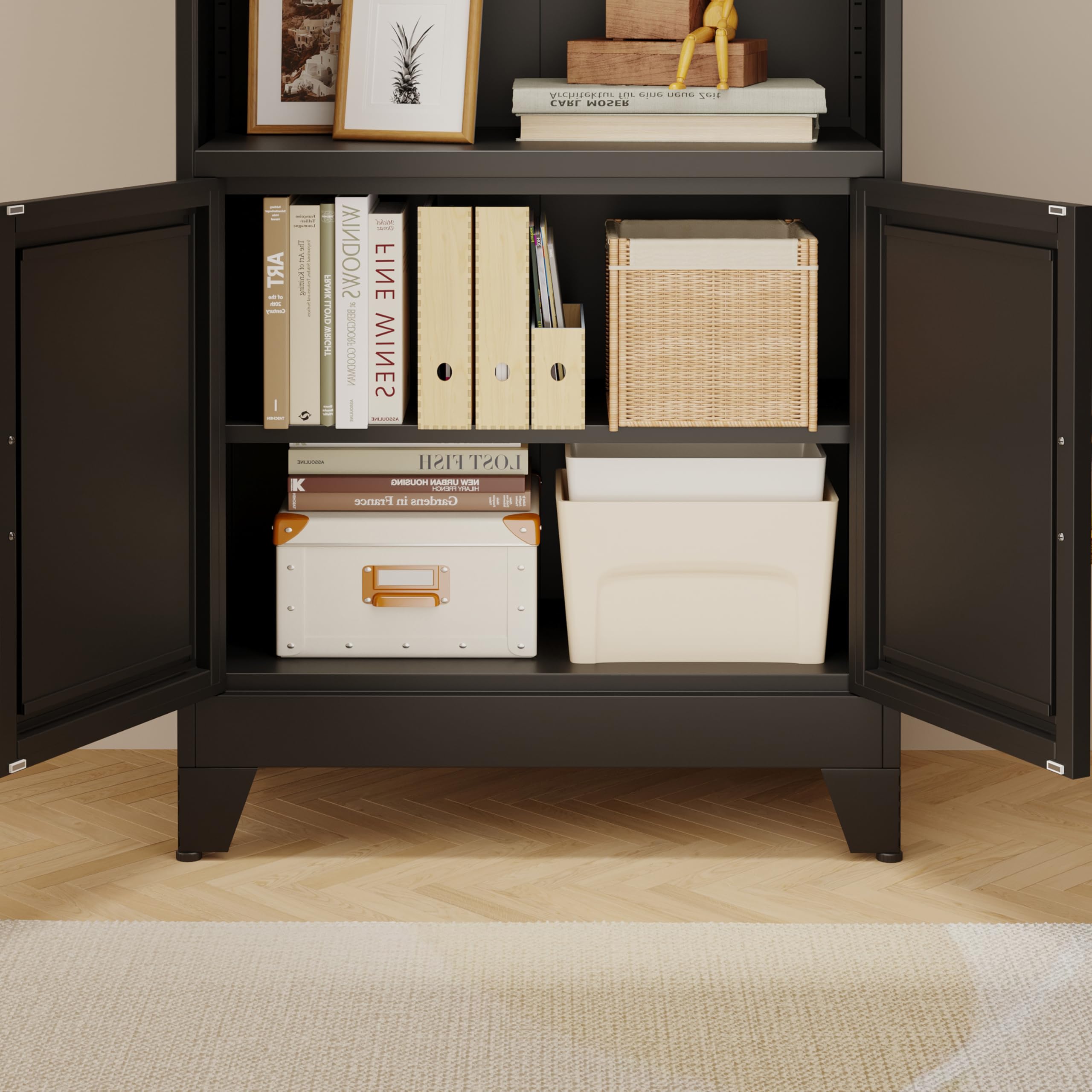 71"H Metal Bookcases and Bookshelves with 2 Doors and Adjustable Shelves,Tall Storage Cabinet Industrial Bookshelf 6-Tier Open Display Shelf,Decor Furniture for Home, Office, Living Room, Bedroom