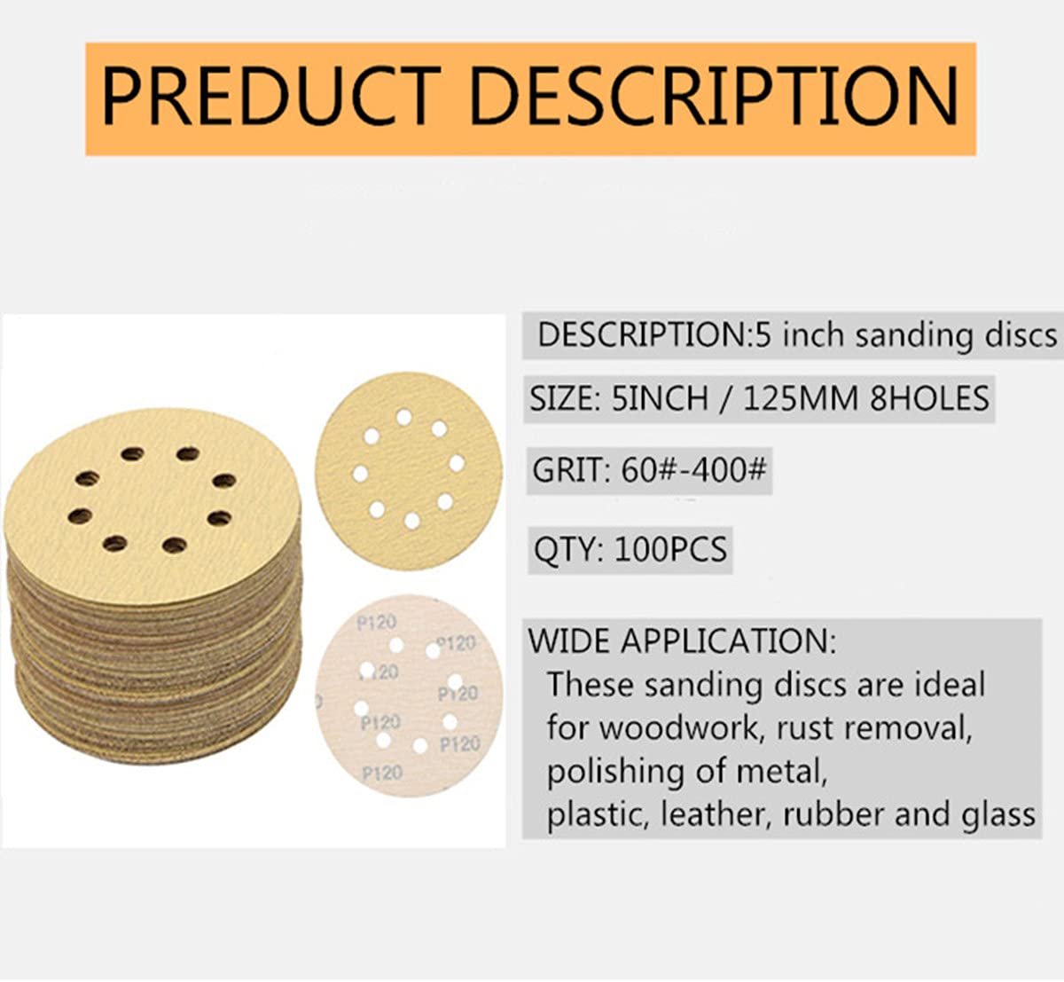 5 inch 8 Hole Gold Hook and Loop Sanding Discs for DA Sanders - Box of 100 Sandpaper Finishing Discs for Automotive and Woodworking (60#80#120#150#220#Each20pcs)