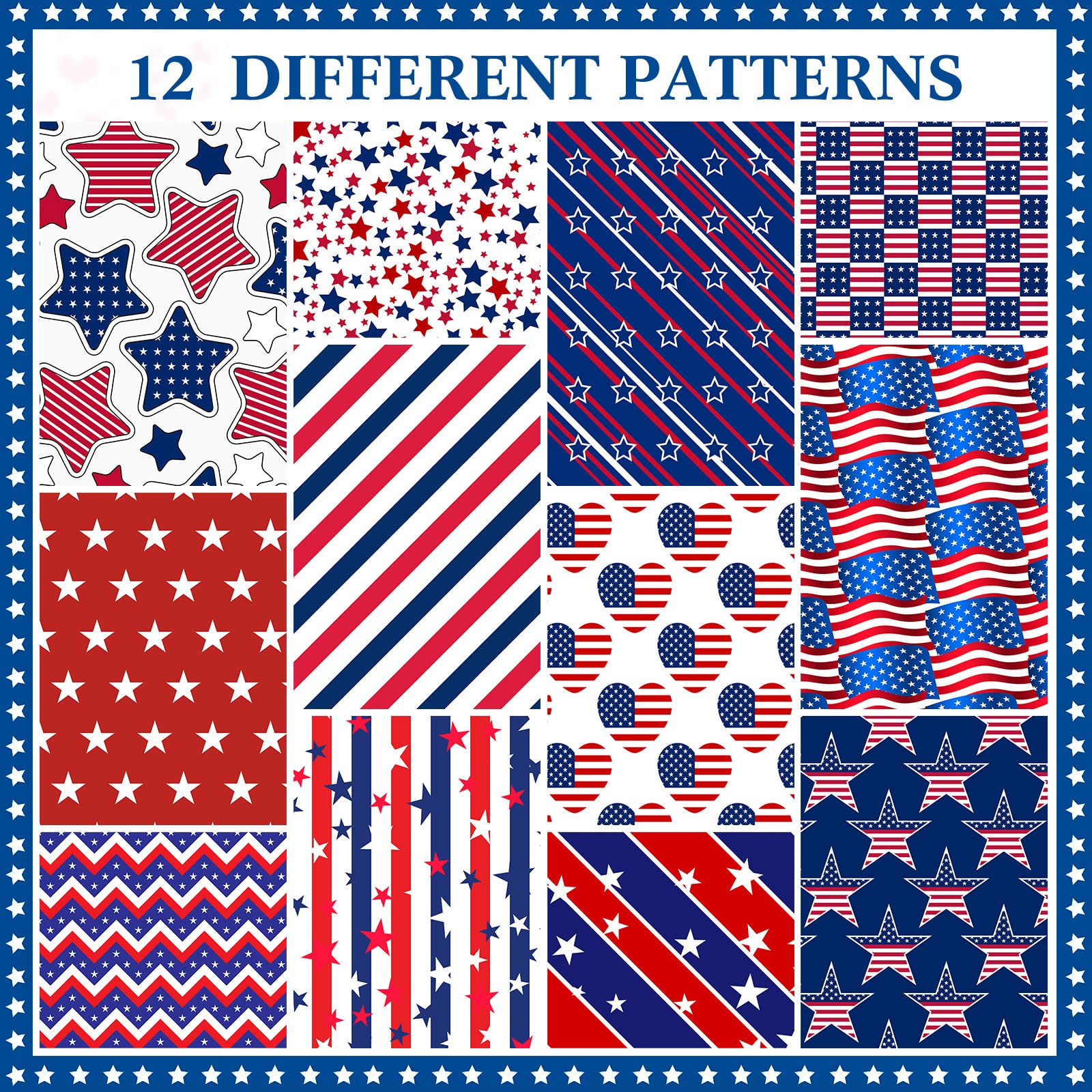 60 Pcs Cotton Jelly 4th of July Fabric Roll Independence Day Fabric Strips Cotton Jelly Fabric Patriotic Quilting Fabric Roll for Sewing DIY Patchwork, 12 Styles