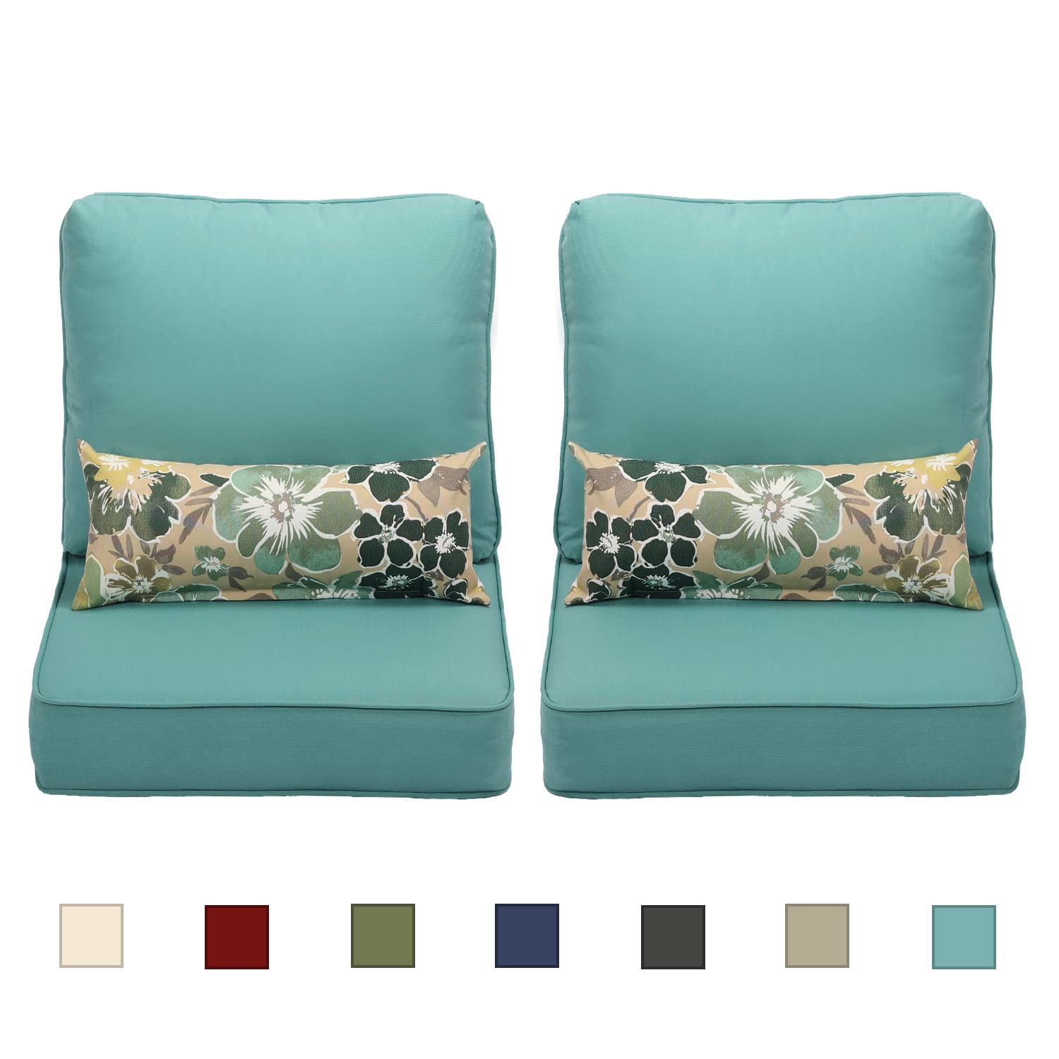 Aoodor 22'' x 24'' Outdoor Deep Seat Chair Cushion Set,Olefin Fabric Slipcover and Sponge Foam- Teal (Set of 2 Seats, 2 Backs, 2 Pillows