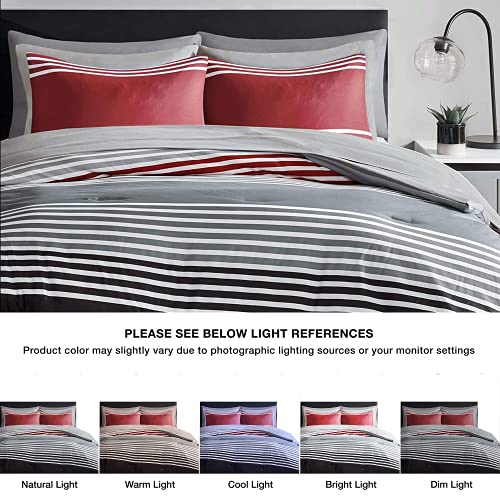 Comfort Spaces Full Comforter Sets with Sheets - Bed in a Bag 9 Pieces Teen Bedding Sets Full, Red and Grey Stripes Bedding Full, College Full Bed Set with 2 Side Pockets Bedroom Organizer