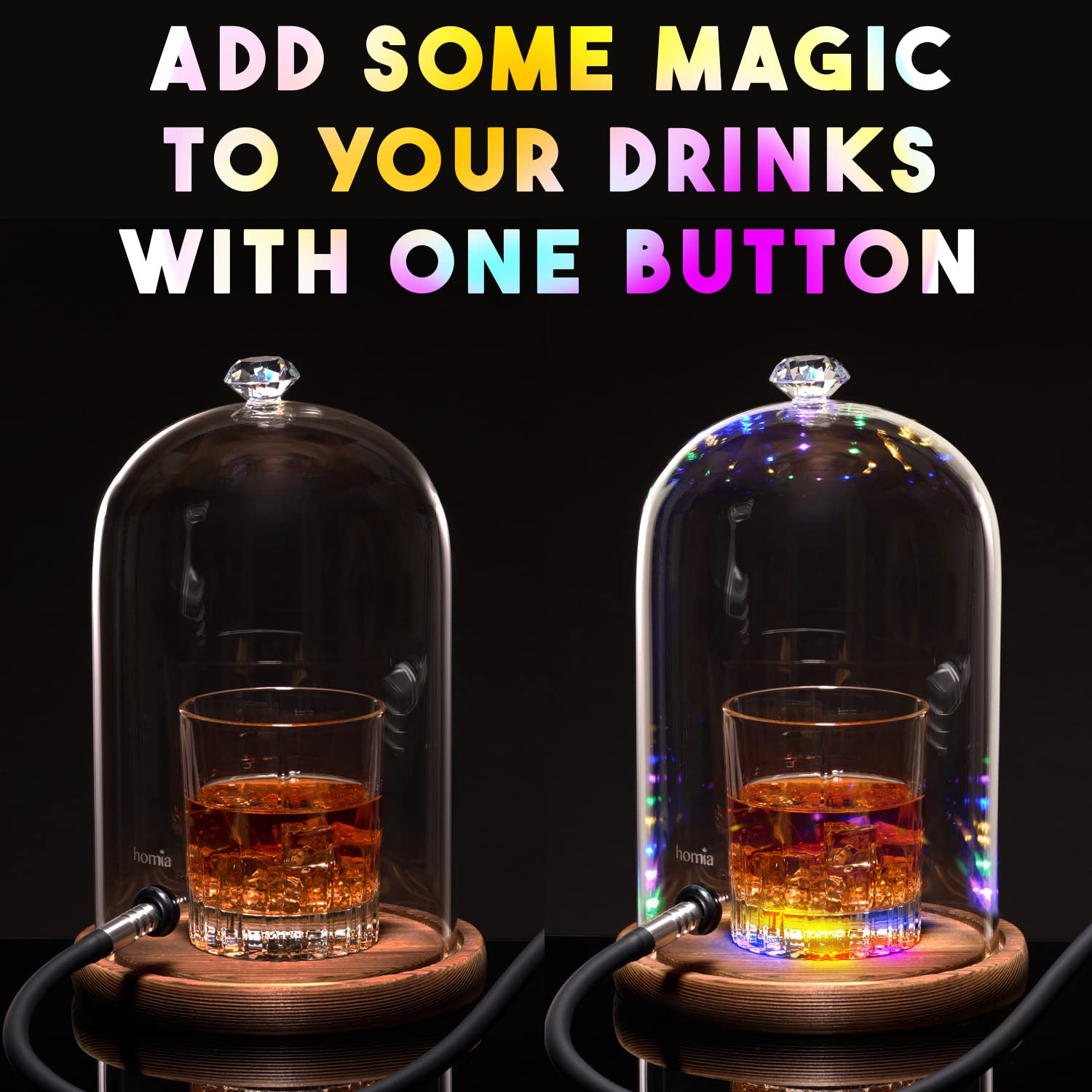 Smoking Gun Accessory LED lights Glass Dome 9" x 5.7" Lid Wooden Base - Glass Smoke infuser Cover Lid for Cocktail Smoker - Dome for Cold Smoke, Smoking Cloche for Drinks