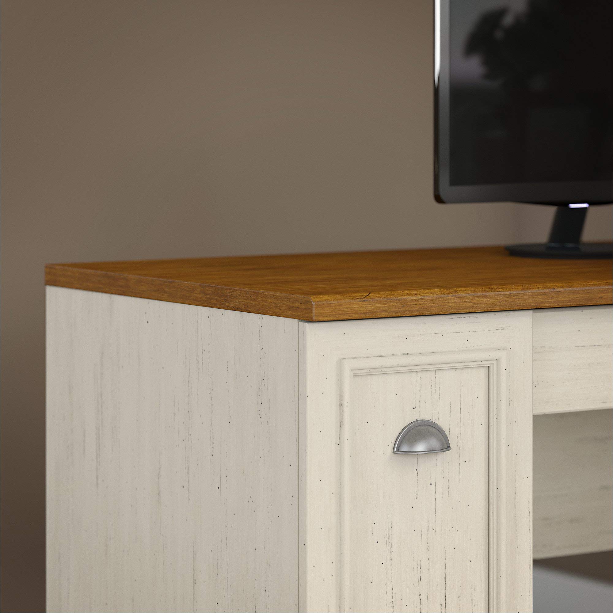 Bush Furniture Fairview 60W L Shaped Desk and Storage Cabinet with Drawer in Antique White and Tea Maple