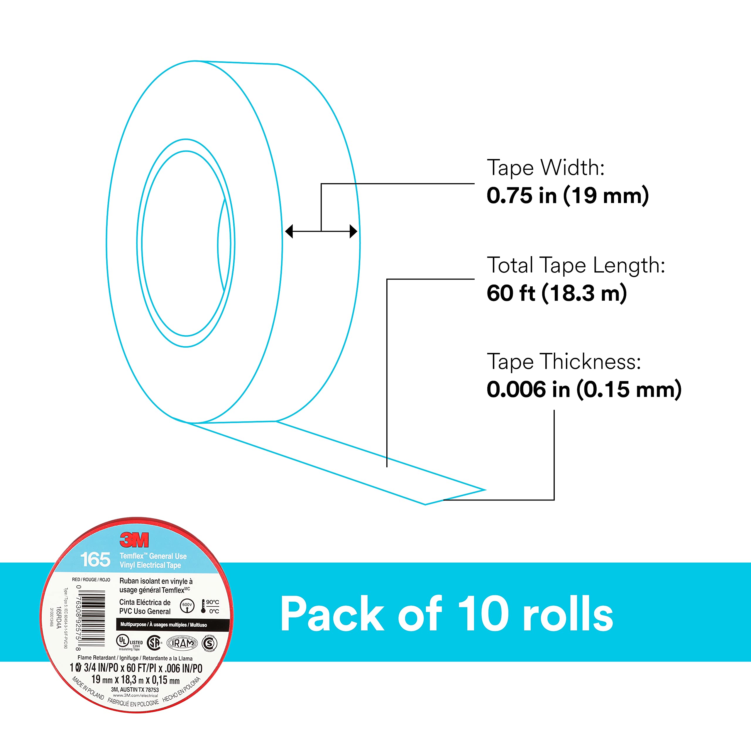 3M Temflex Multi-Purpose Vinyl Electrical Tape 165, Red, 3/4 in x 60 ft (19 mm x 18 m), 10 Roll Pack