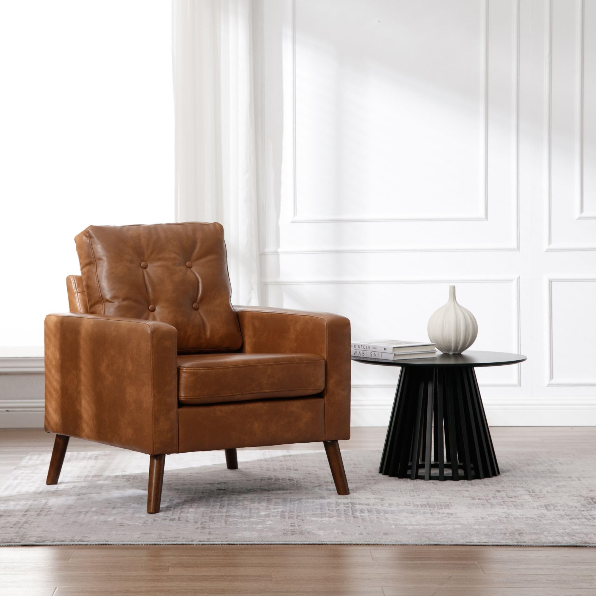 53" Wide Loveseat with Armrest, Upholstered 2-Seater Tufted PU Leather Double Sofa, Mini Sofa with Wooden Legs, Mid Century Modern Couch for Bedroom/Living, Brown