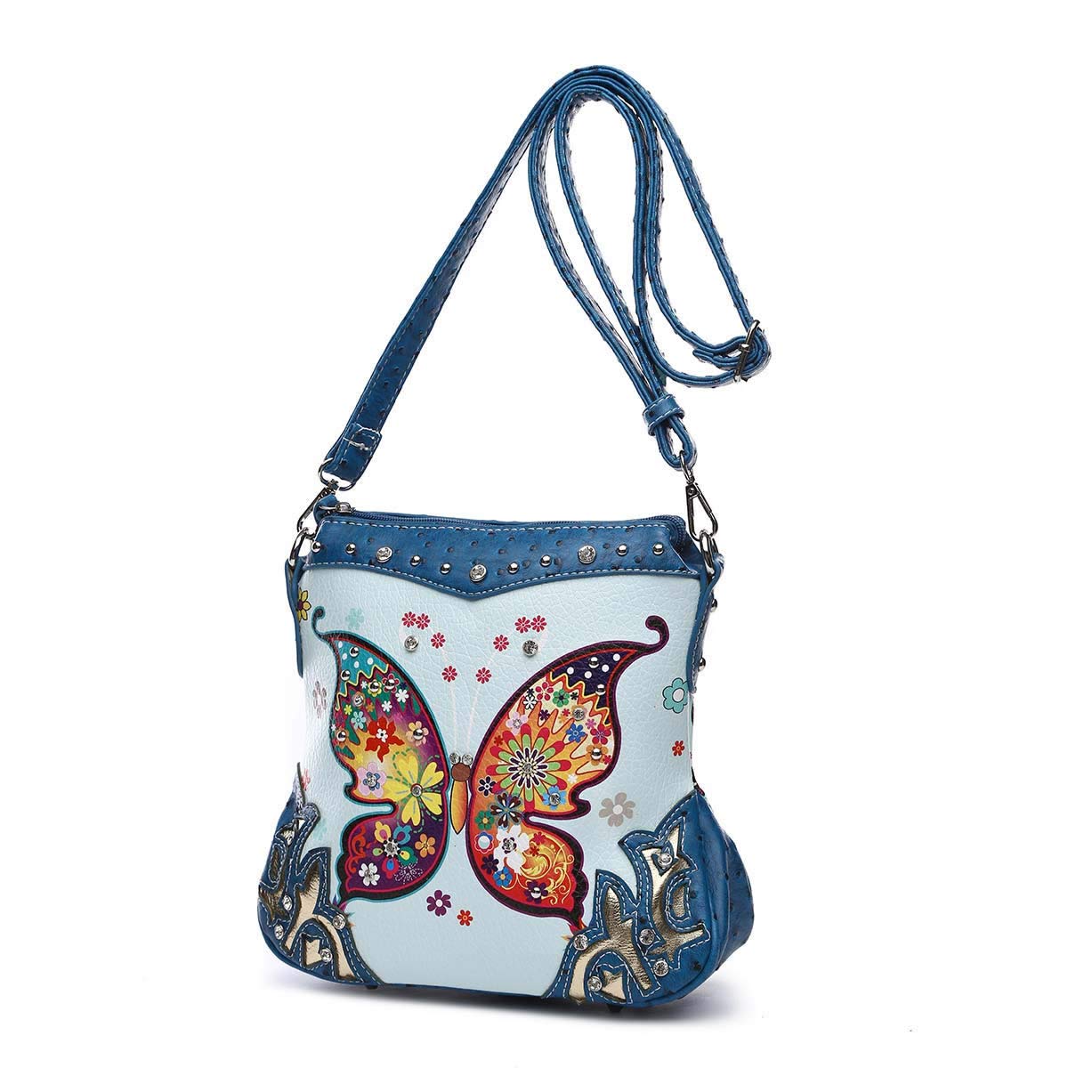 Butterfly Flower Concealed Carry Purse Women Spring Rhinestone Crossbody Handbags Single Shoulder Bag (Blue)