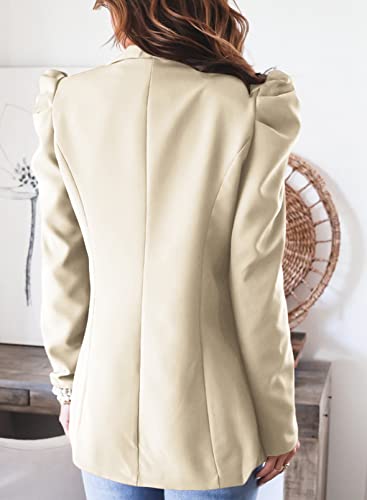 Asvivid Womens Tweed Blazers Casual Open Front Office Blazers Puff Sleeve Jackets Work Suit with Pockets Apricot,M