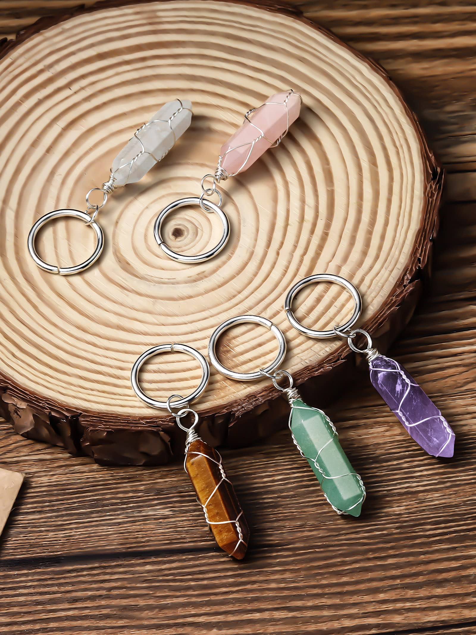 5 Pieces Crystals Stone Keychain Healing Stones Jewelry Hexagonal Crystal Keyring Quartz Pendants Keychain Quartz Crystal Healing Crystal for Women