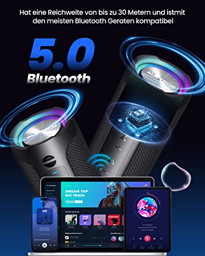 AUKTECH Bluetooth Speakers - Portable Speakers Bluetooth Wireless(100ft), 24W Loud Stereo Sound, Led Lights, 20H Playtime, IPX7 Waterproof Speaker for Outdoor, Home, Party, Beach, Shower
