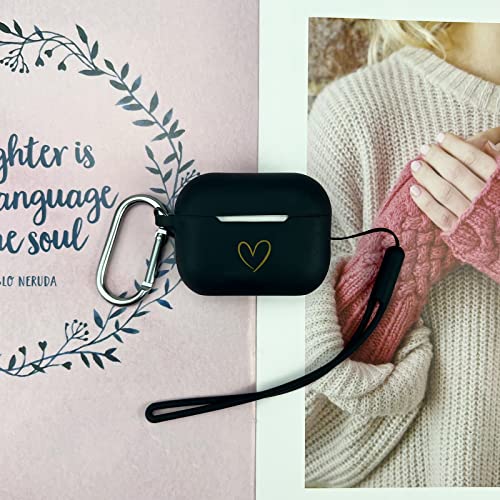 AIIEKZ Compatible with AirPods Pro 2 Case Cover 2022, Soft Silicone Case with Gold Heart Pattern for AirPods Pro 2nd Generation Case with Keychain/Lanyard (Black)
