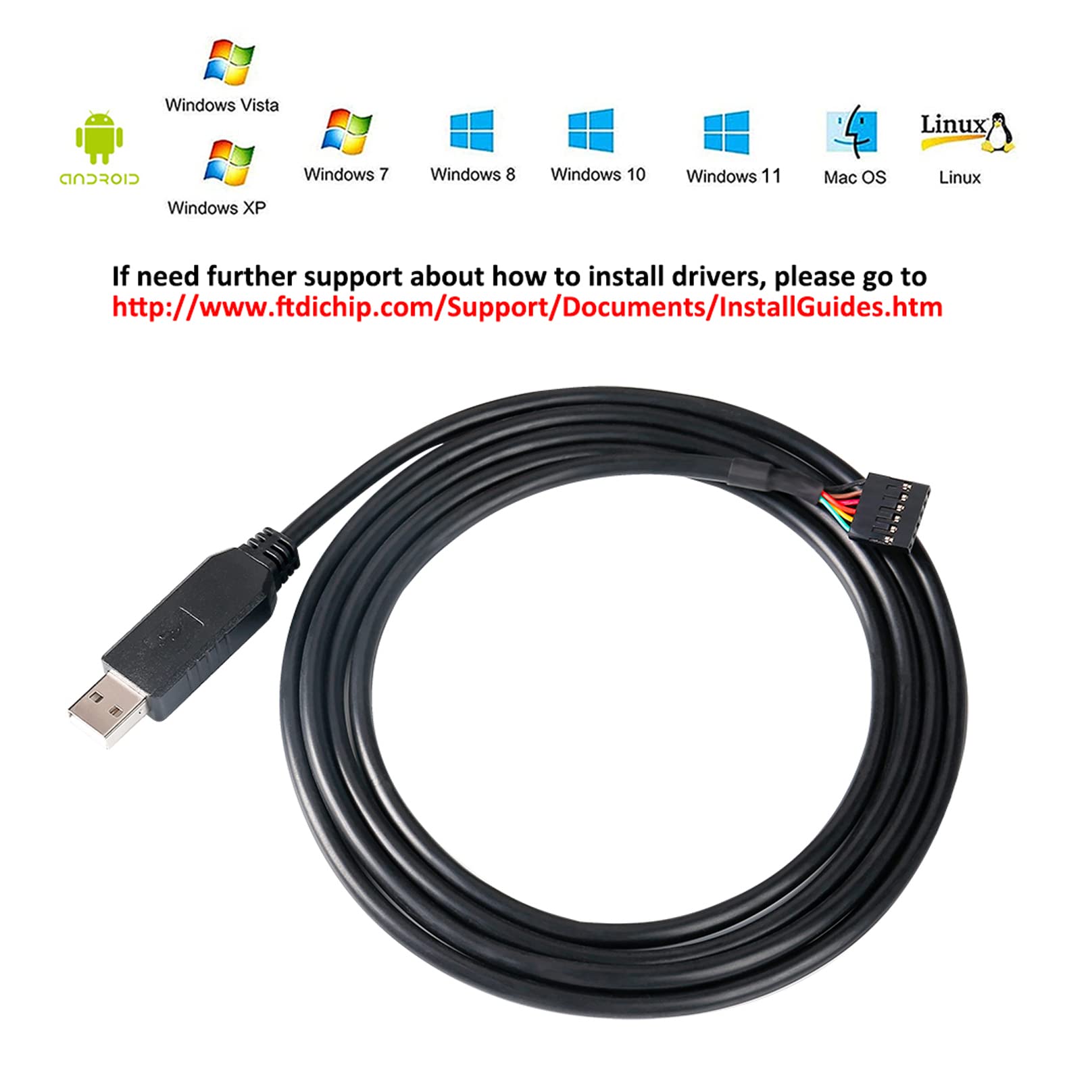 DTech USB to TTL Serial 5V Adapter Cable with FTDI FT232RL Chip 6 Pin 0.1 inch Pitch Female Socket Header UART IC Windows 11 10 8 7 Linux MAC OS (6ft, Black)