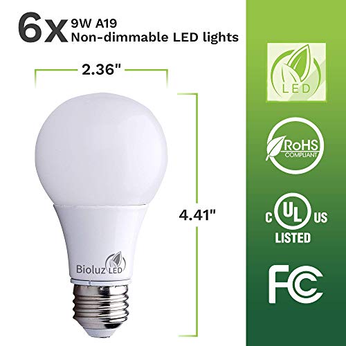 Bioluz LED 60 Watt LED Light Bulbs 2700K Warm White 9 Watts = 60W Non-Dimmable A19 LED Light Bulbs 6 Pack