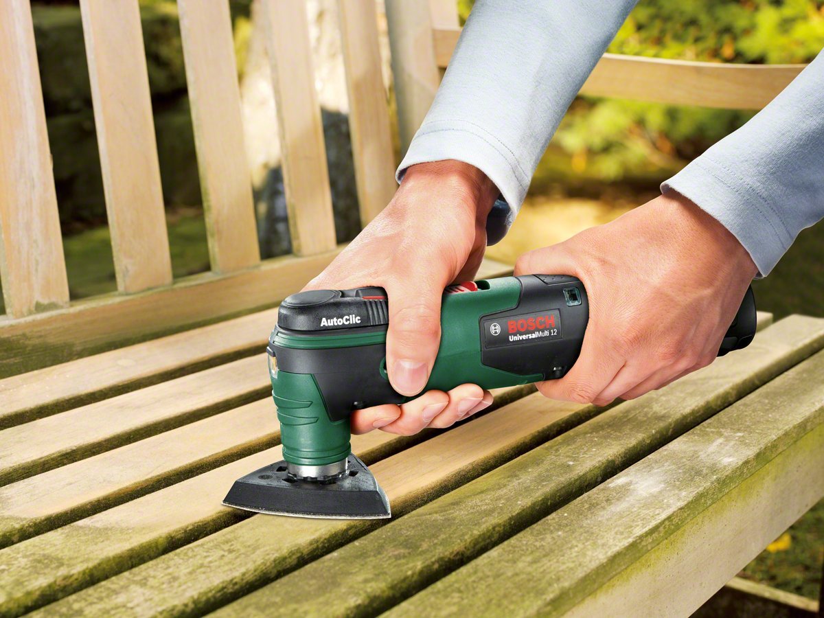 Bosch Home and Garden Cordless Multifunction Tool UniversalMulti 12 (without battery, 12 Volt System, nine-piece accessories set, in carton packaging)