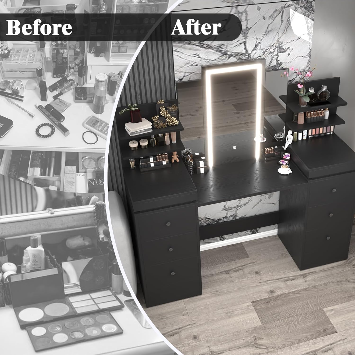 57.1" W Vanity Makeup Table with Lighted Mirror Table with Tri-Folding Mirror, 8 Drawers, 3 Light Modes, Open Storage Shelves, Vanity Table as Gifts for Girls/Women Vanity must Haves White (White)