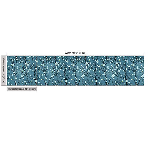 Lunarable Floral Fabric by The Yard, Sakura Tree Branches Pale Japanese Cherry Blossom Spring Form, Decorative Fabric for Upholstery and Home Accents, 1 Yard, Blue Black