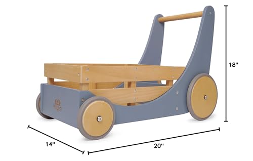 Kinderfeets 2-in-1 Wooden Cargo Walker Cart Wagon with Adjustable Rubber Wheels and Removable Basket for Children and Toddlers (Blue)
