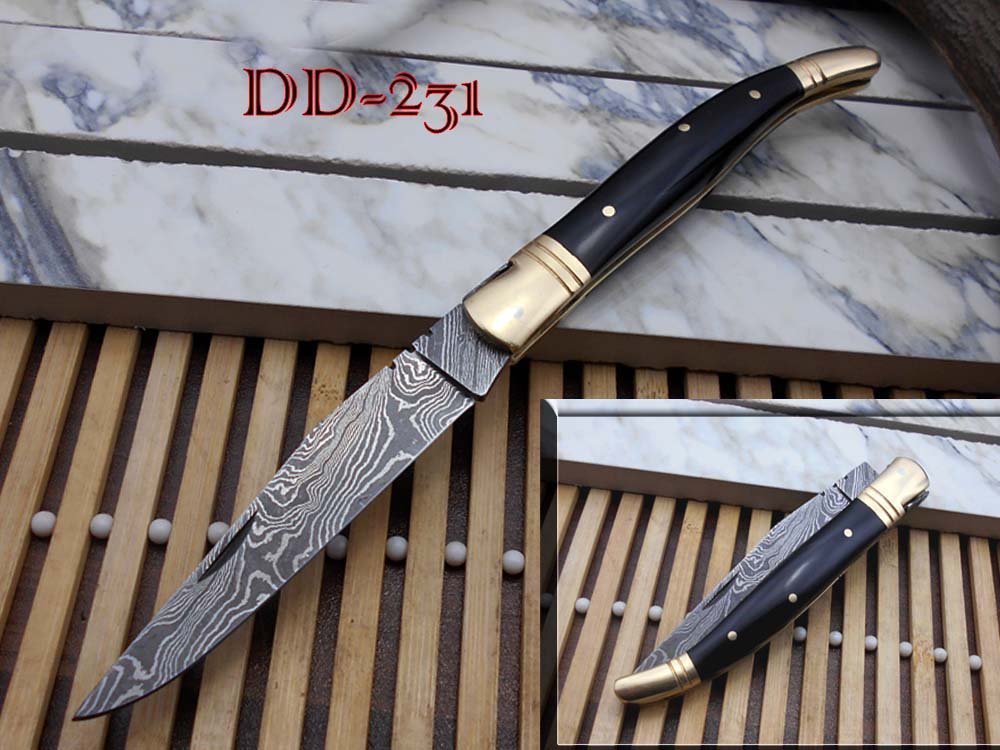 5 Pieces Laguiole Folding Damascus Steel Knife, Red, Blue, White, Black & Brown 5 Scale Colors with Brass Bolster. Cow Hide Leather Sheath Included