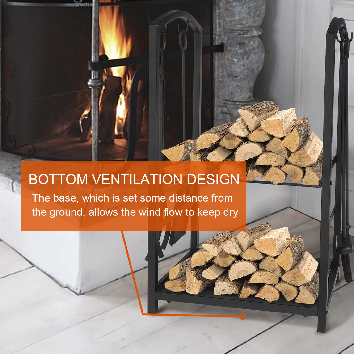 Babylon Fireplace Tools Log Rack Set with 4 Piece Tools Wrought Iron Black Fireplace Tools Firewood Holder Carrier Storage Rack with Brush Shovel Poker Tongs for Indoor Outdoor
