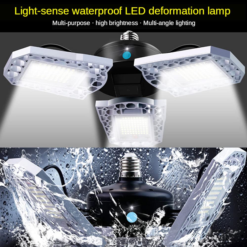 80W Deformable LED Ceiling Garage Lamp, Waterproof and Anti-Leakage Garage Lights with Automatic Light Control Sensor, with 3 Adjustable Panels, E27/E26 9600LM 6000K Daylight for Warehouse Barn (80)