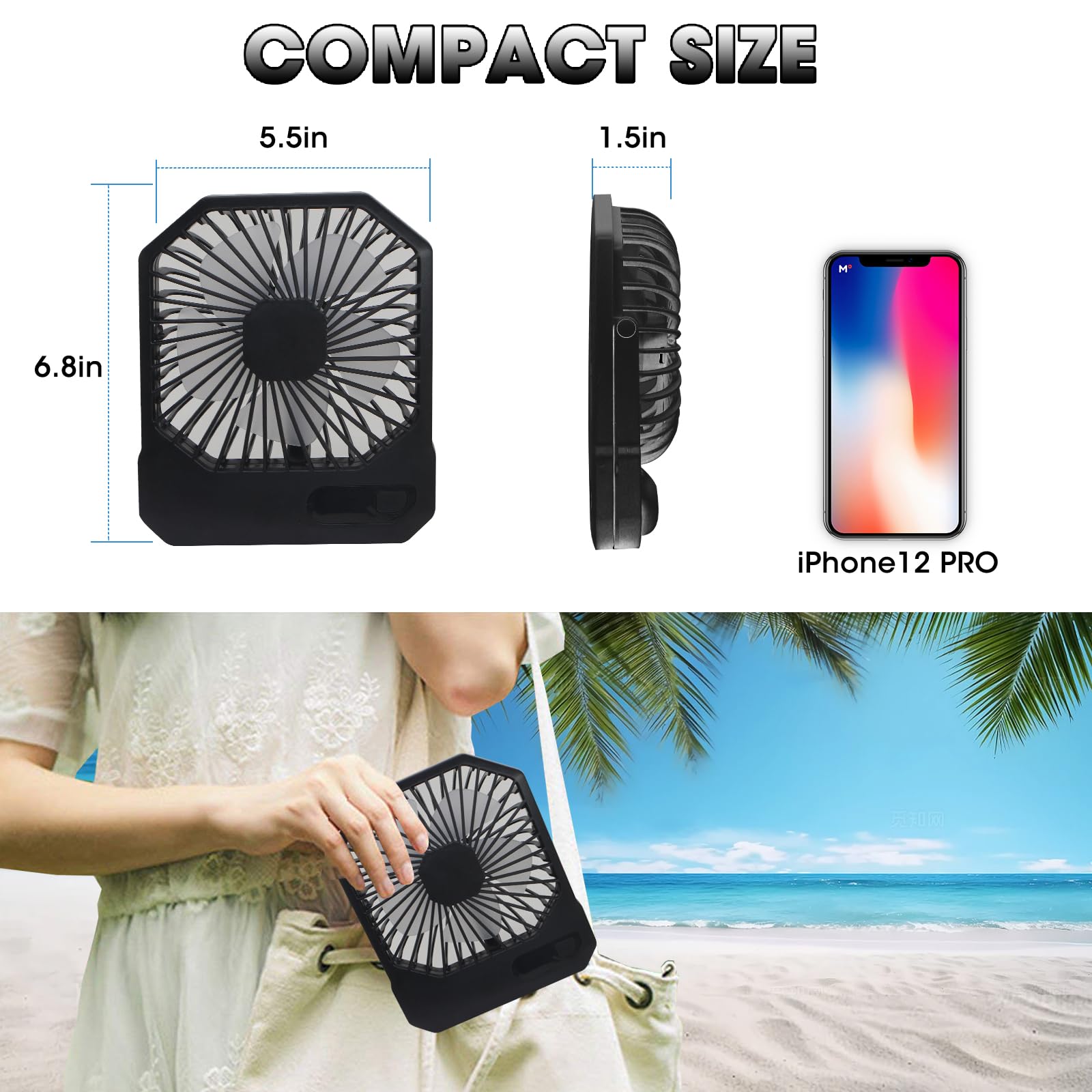 MYMULIKE Battery Operated Small Desk Fan,Portable 3 Speed USB Rechargeable Fan With LED Display, 3000mAh 180° Tilt Folding Personal Fan for Bedroom Home Office Outdoor Trip