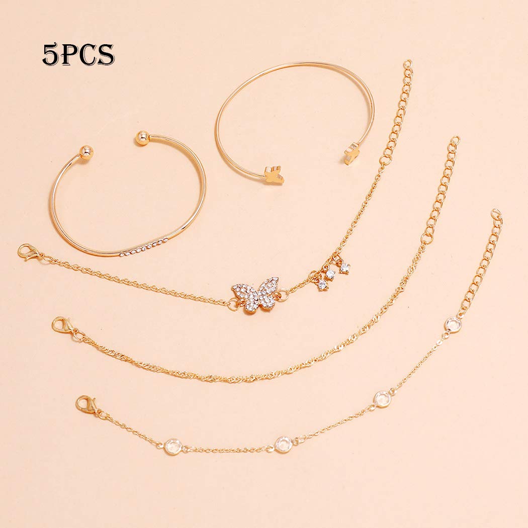 5PCS Fashion Crystal Bracelets Sets for Women Gold Layered Butterflies Pendant Charms Hand Chain Stackable Wrap Bangle Adjustable Bracelet Jewelry Accessories