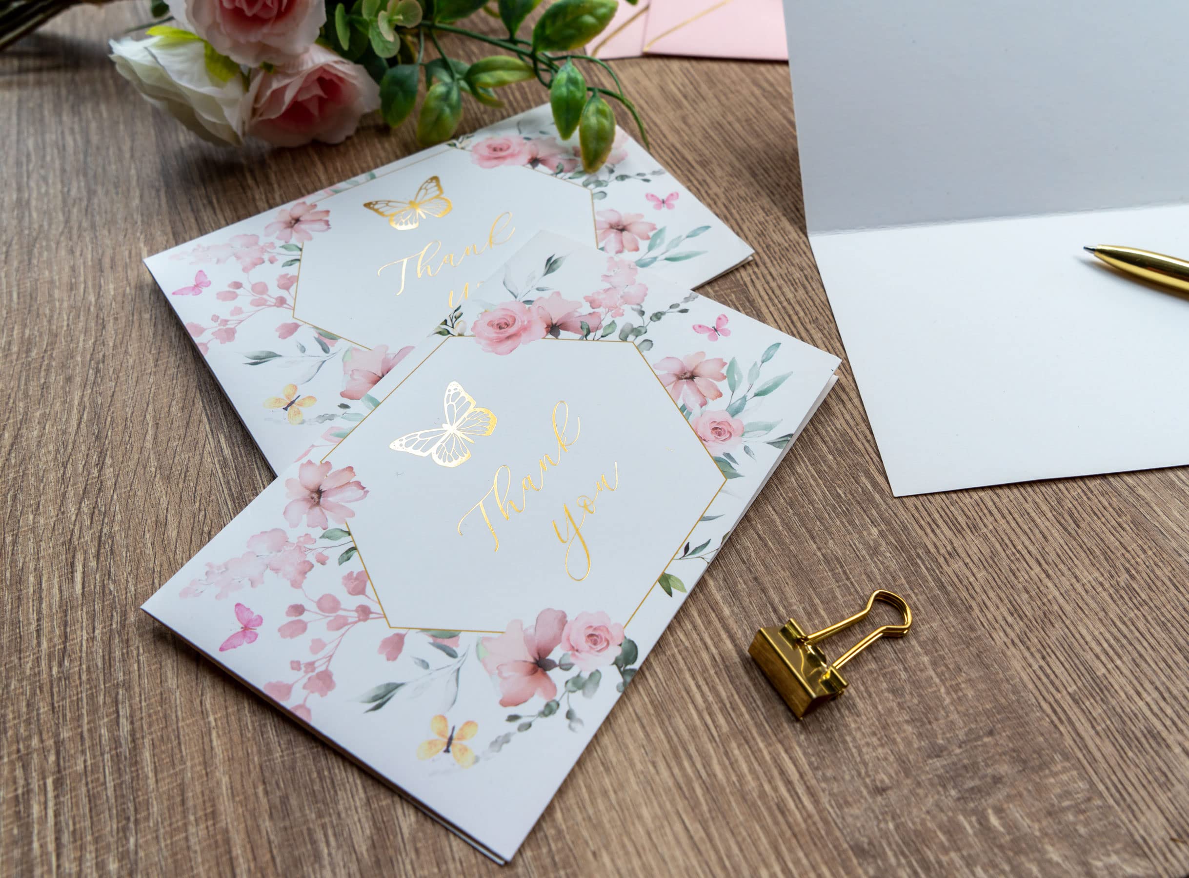 Gooji 4x6 Butterfly Dream Thank You Cards with Envelopes (Bulk 20-Pack) Baby Shower, Bridal Shower, Wedding, Greeting, Blank Notes Business Box Assorted Stationary Pink Flowers