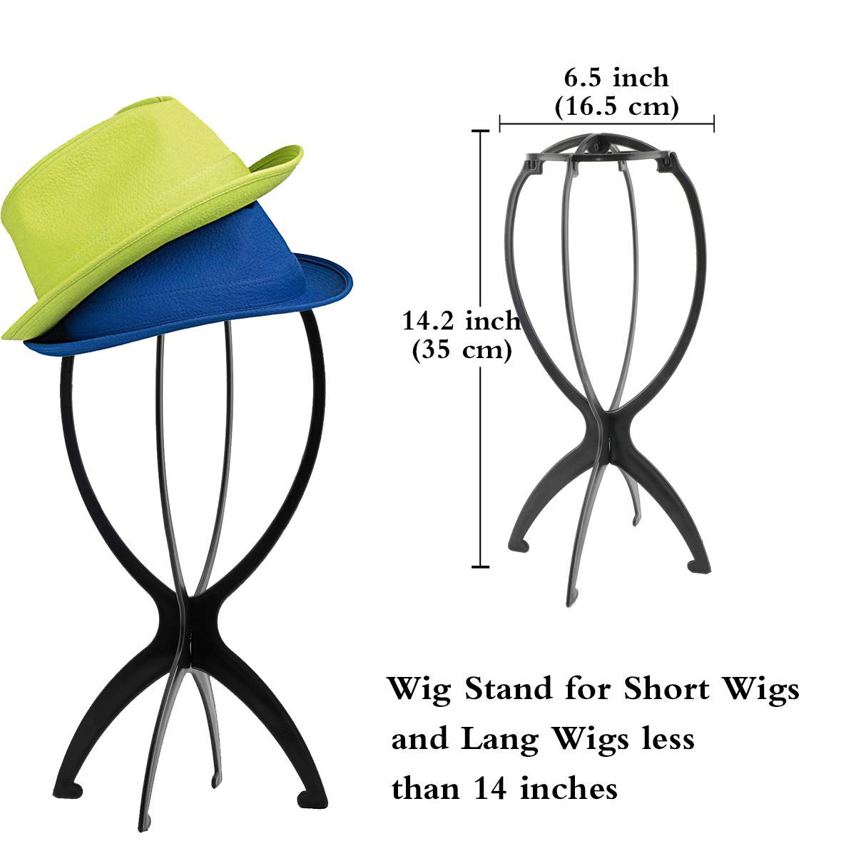 DANSEE 6 Pack Short Wig Stand Portable Wig Holder for multiple Wigs and Hats, 14.2 Inches Travel Wig Stand(Black)