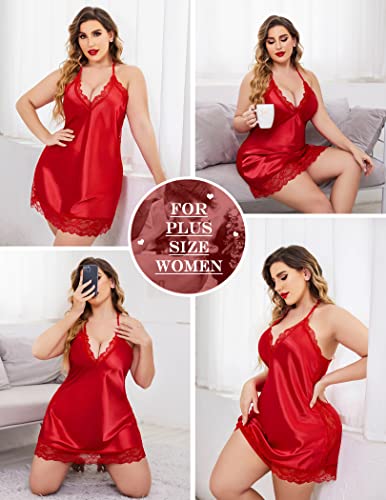 Avidlove Women Lingerie Satin Lace Chemise Nightgown Sexy Full Slips Sleepwear (Medium, 1Red)