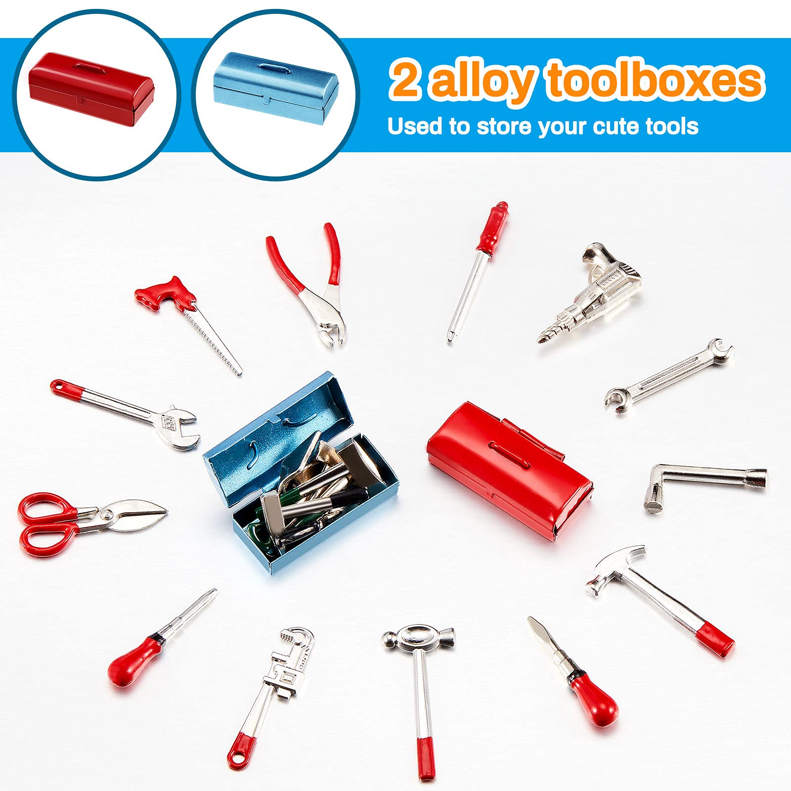 Aoriher 23 Pieces 1:12 Miniature Dollhouse Tools Dollhouse Metal Repair Tool Miniature Scene Model Work Tools with 2 Tin Boxes for Dollhouse Decoration Child Pretend Toy DIY Crafts Ornament