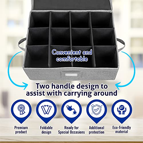 China Storage Containers for Mugs and Cups | 12 Slot Teacup Storage with Lid and Handles | Hard Fabric China Chest and Storage Box for Moving, Coffee