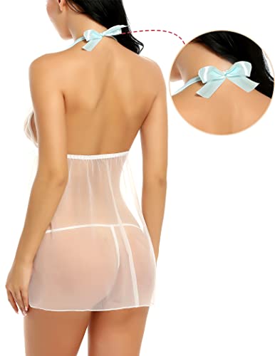 Avidlove Women Transparent Sexy Lingerie Mesh Halter Babydoll Stain Chemises,White,Medium