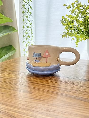 Adorable Journey cat. Cute Handmade ceramic cup, Hand-painted mug, Unique Surprise gift for Christmas or Birthday. Dishwasher and Microwave safe
