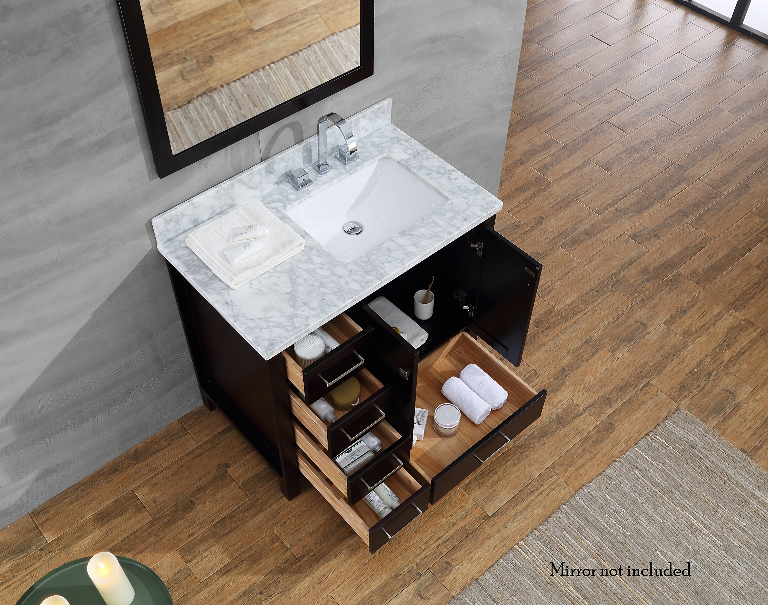 ARIEL Cambridge A037SRCWRVOESP 37” Inch Single Right Offset Rectangular Sink Solid Wood Espresso Bathroom Vanity with 1.5" Inch Edge White Carrara Marble Countertop