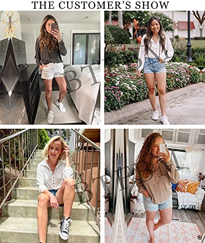 BTFBM Women Casual Button Down V Neck Blouses Long Sleeve Solid Color Stand Collar Knitted Fall Tops Cute Relaxed Fit Shirts(Solid Light Green, Small)