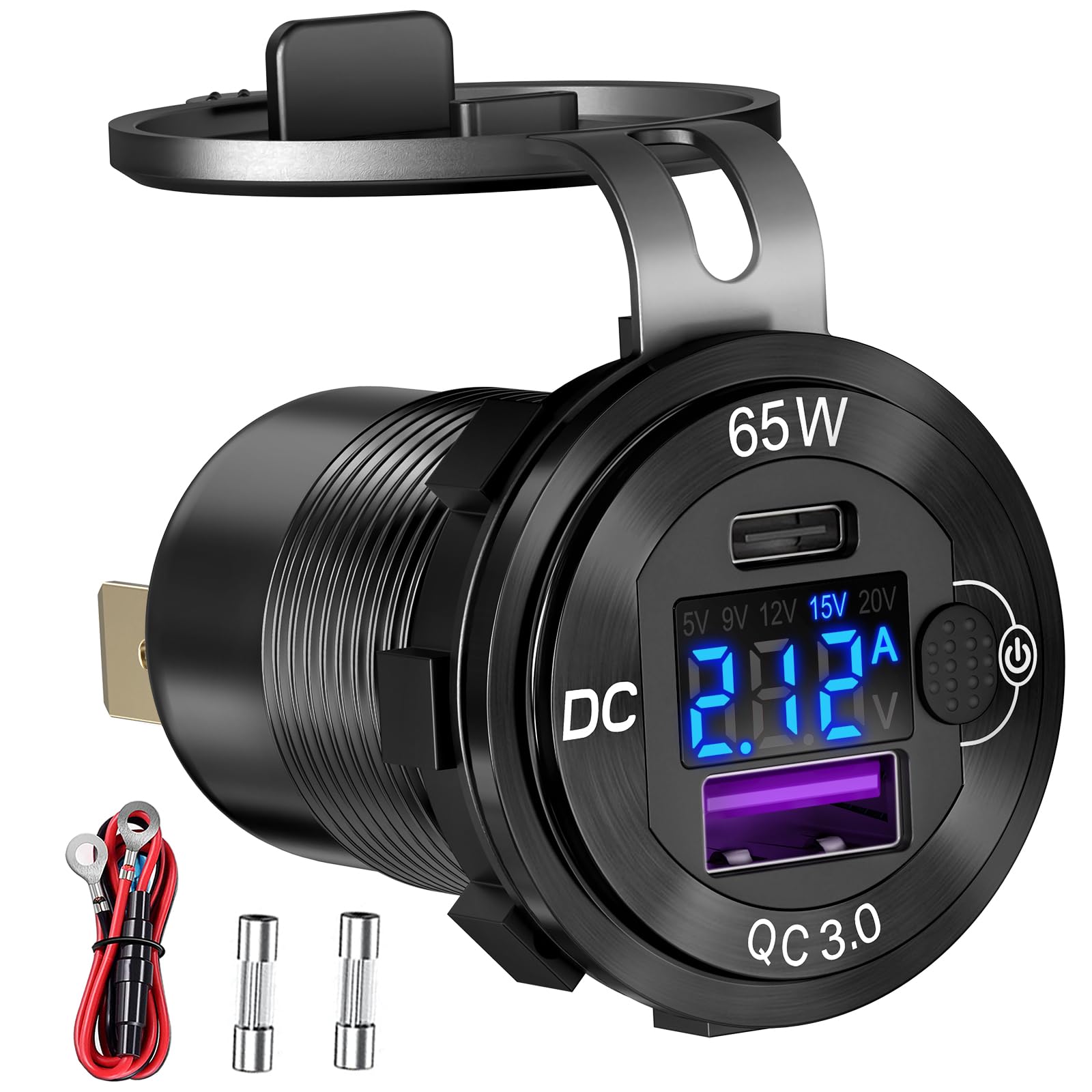 83W 12 Volt USB Outlet Built-in Boost USB C Laptop Car Charger: Ouffun 65W PD3.0 and 18W QC3.0 Car USB Port Aluminum Socket with Button Switch Smart Voltmeter, Suitable for Car RV Marine Golf Cart