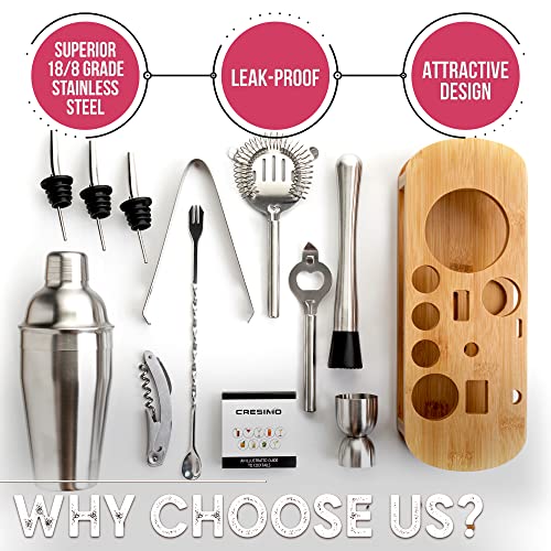 Cocktail Shaker Set: 12-PC Drink Shakers Cocktail with Bamboo Stand - Ultimate Home Bar Kit & Martini Shaker Set - Bar Set, Cocktail Mixer, Bartender Kit, Bar Tools - Cresimo Cocktail Set