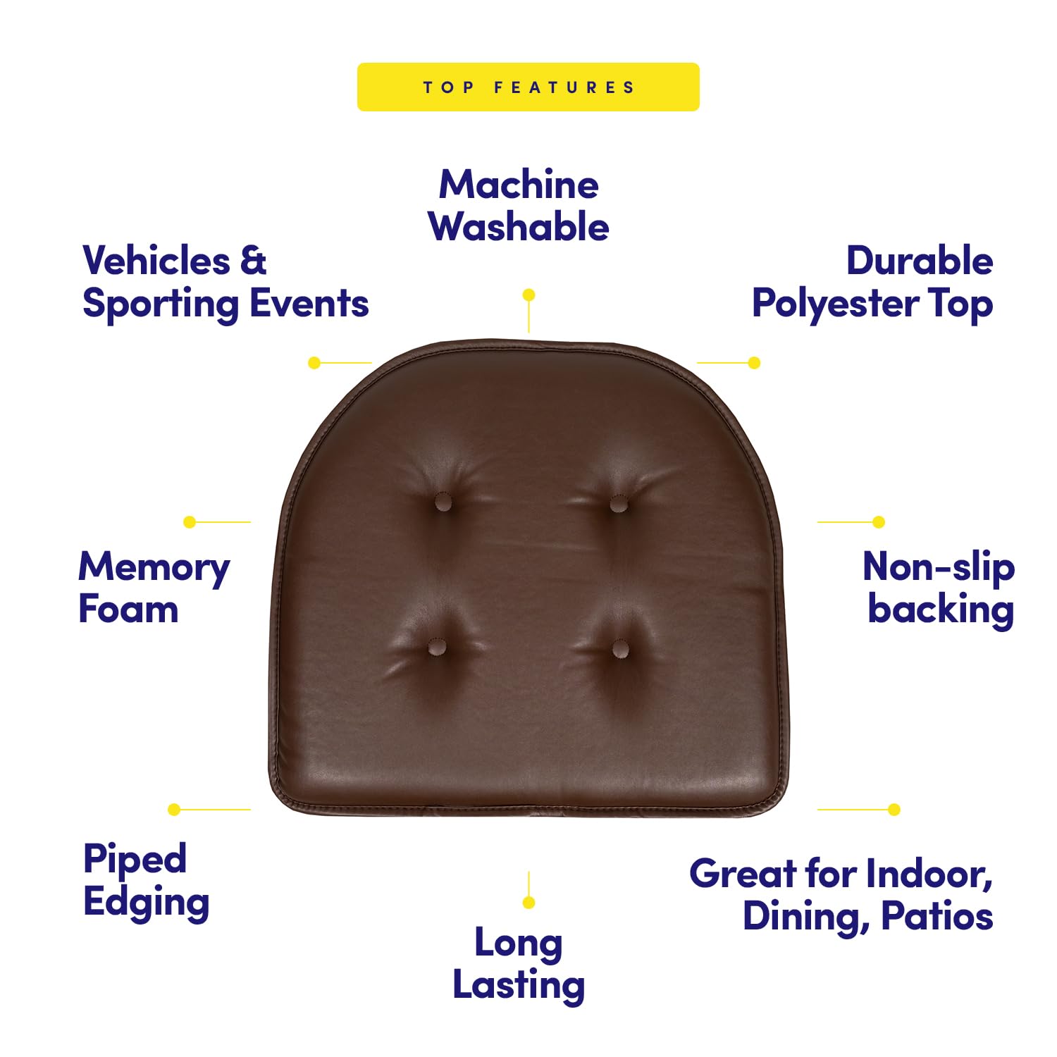 Sweet Home Collection Chair Cushion Memory Foam Pads Tufted Slip Non Skid Rubber Back U-Shaped 17" x 16" Seat Cover, Faux Leather Chocolate Brown 2 Count (Pack of 2)