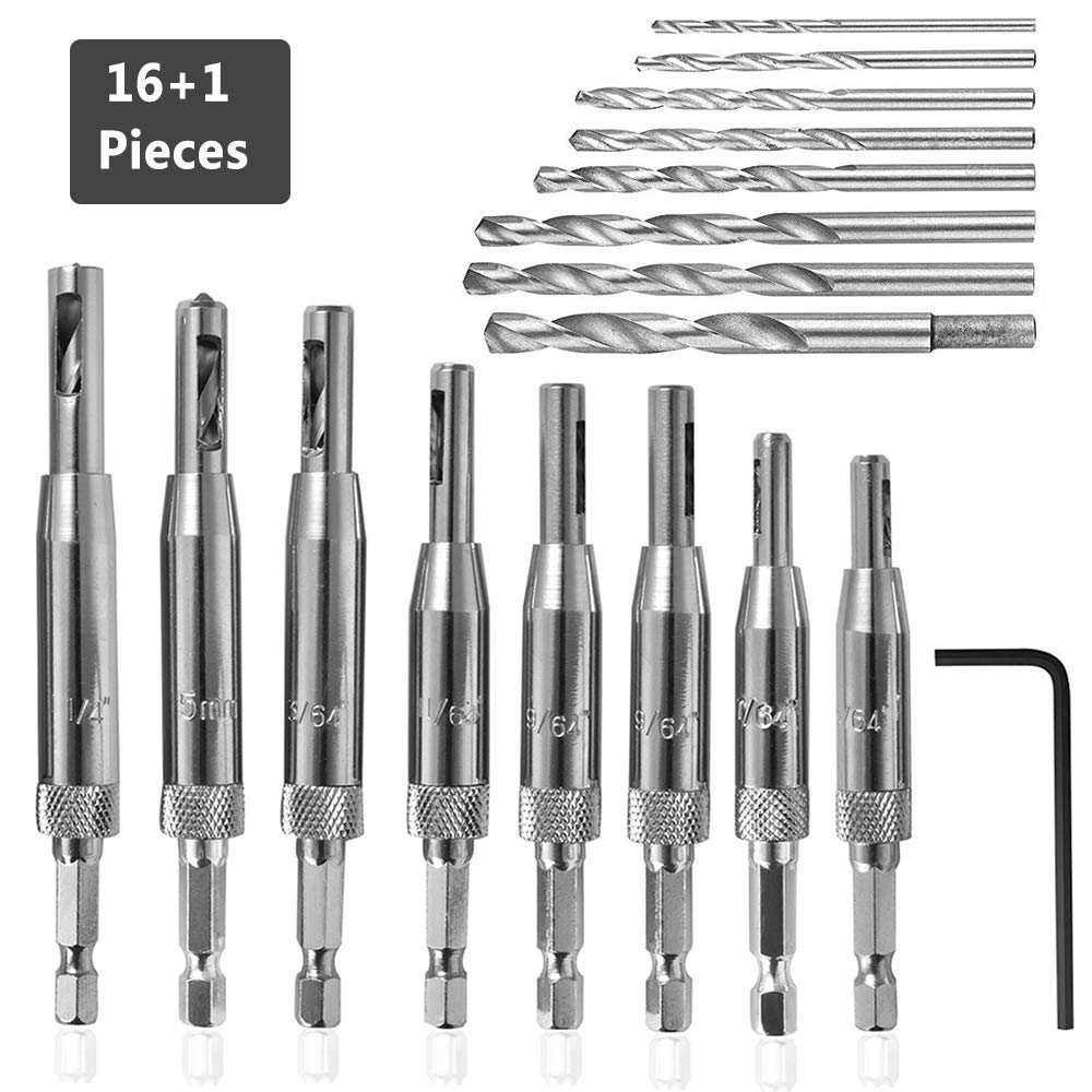 Yakamoz 17Pcs 1/4-Inch Hex Shank Self Centering Drill Bit Set Hinge Tapper Core Center Drill Bits for Door Window Cabinet Hole Opening Woodworking Tool, 5/64'' 7/64'' 9/64'' 11/64'' 13/64'' 5mm 1/4''