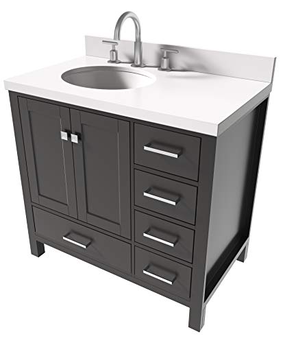ARIEL Bathroom Vanity 37" Inch in Espresso with Pure White Quartz Counter-top, Left Offset Oval Sink, 2 Soft Closing Doors and 5 Full Extension Dovetail Drawers, No Mirror