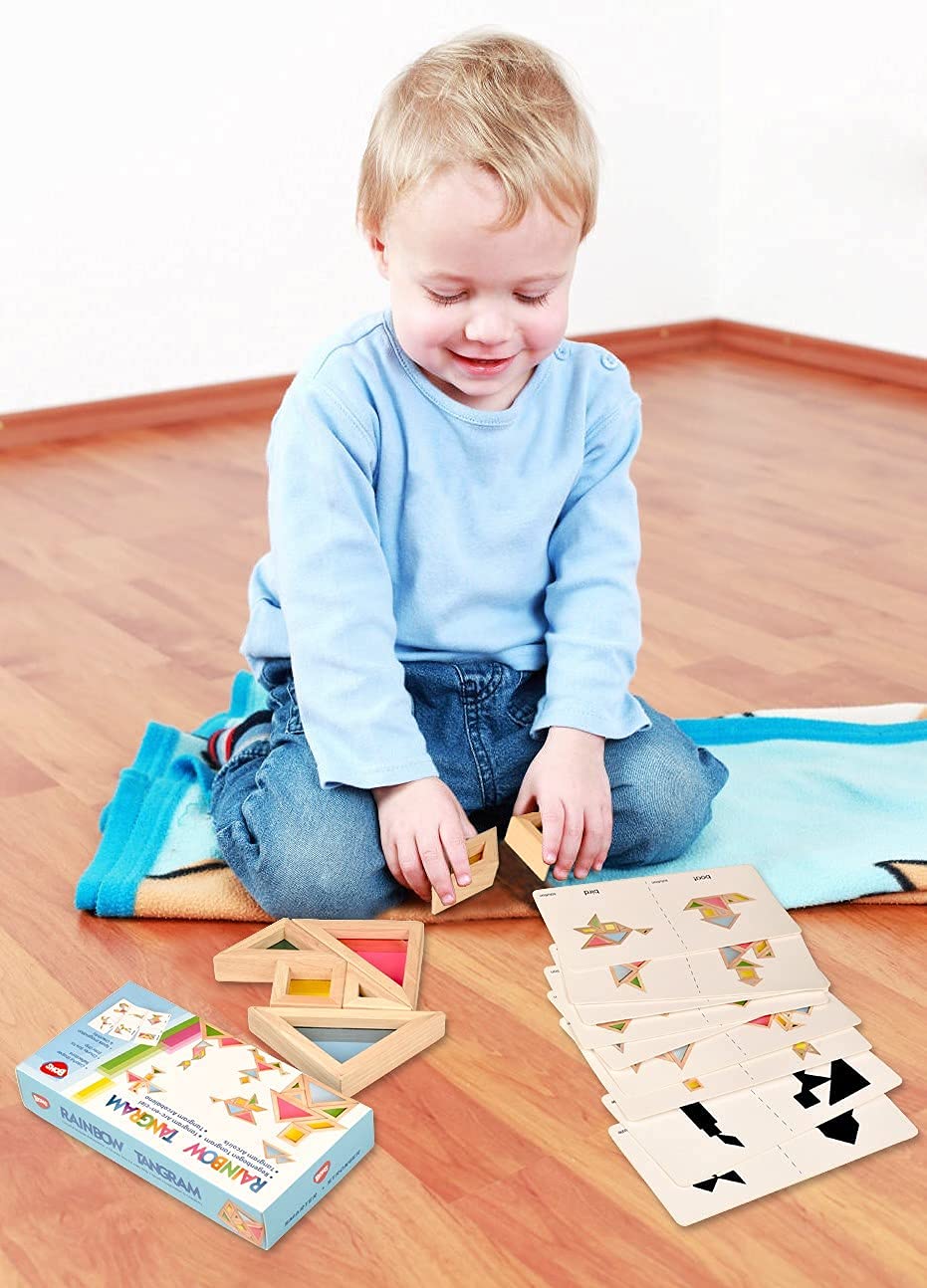BOHS Translucent Tangram with Multilingual Activity Cards - 1 Inch Thickness - Preschool Gift - Kids Kindergarten Light Table Accessories/Window Puzzle Toys
