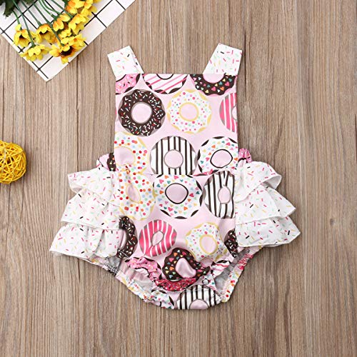 Lamuusaa Newborn Baby Girls Fly Sleeve Ruffled Romper Colorful Doughnut Bodysuit Jumpsuit Headband Summer Outfit 0-24M (6-12M, Pink)