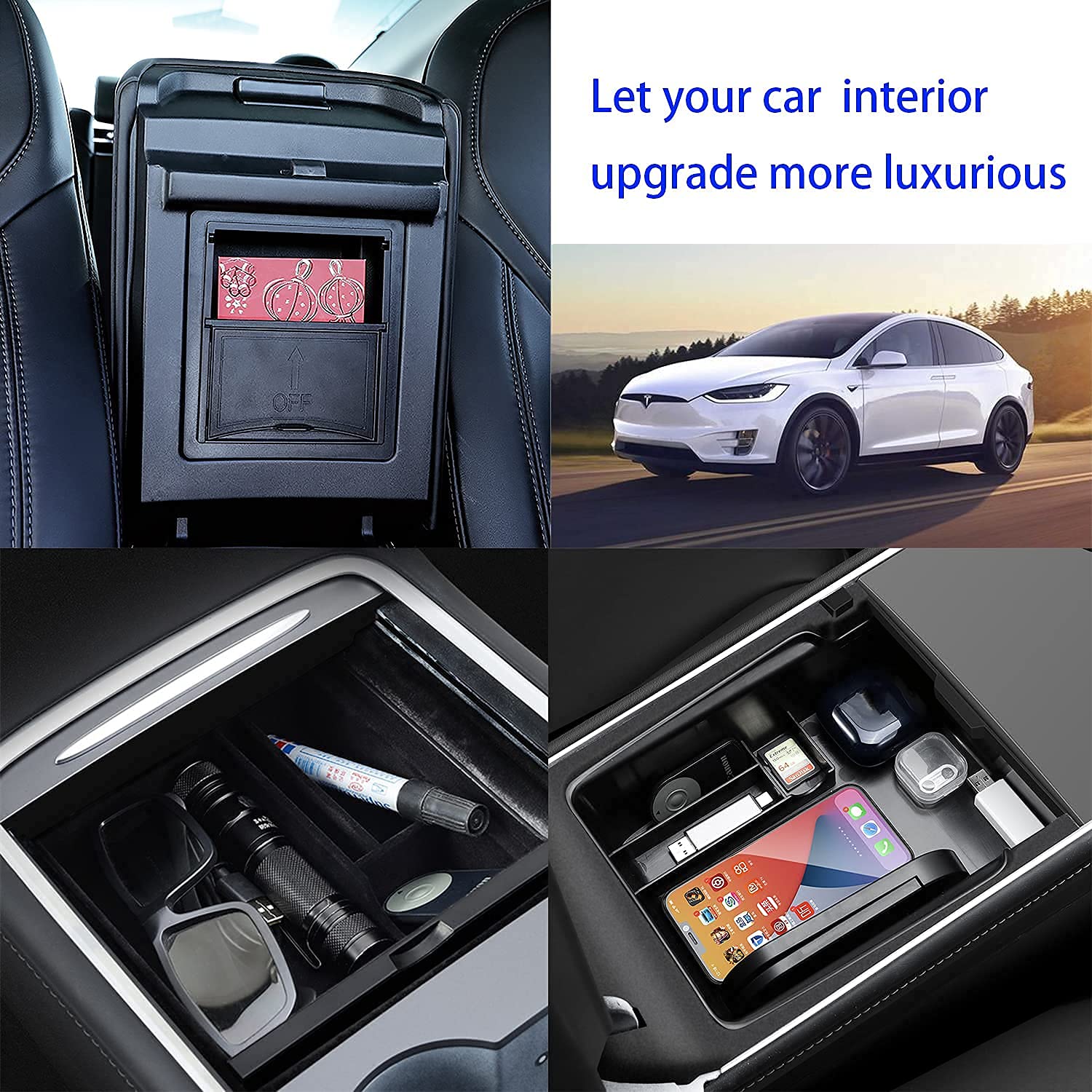 3PCS Center Console Organizer Tray Flocked Designed For Tesla Model Y Accessories 2024 2021-2023,Tesla Model 3 2021-2023 Accessories Armrest Hidden Drawer Storage Box[Not Compatible with Model 3 2024]