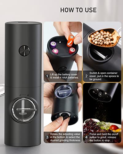 COKUNST Electric Pepper and Salt Grinder Set, Battery Powered Adjustable 5 Levels of Coarseness Black Pepper Grinder Mill with Stand, Automatic Grinding with LED Light for BBQ Resturant Kitchen