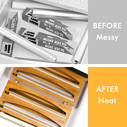 Besititli Foil and Plastic Wrap Organizer with Cutter, 2 in 1 Wrap Dispenser, Bamboo Foil Organizer for Drawer, Aluminum Foil Dispenser, Plastic Wrap Dispenser for Kitchen Organization and Storage