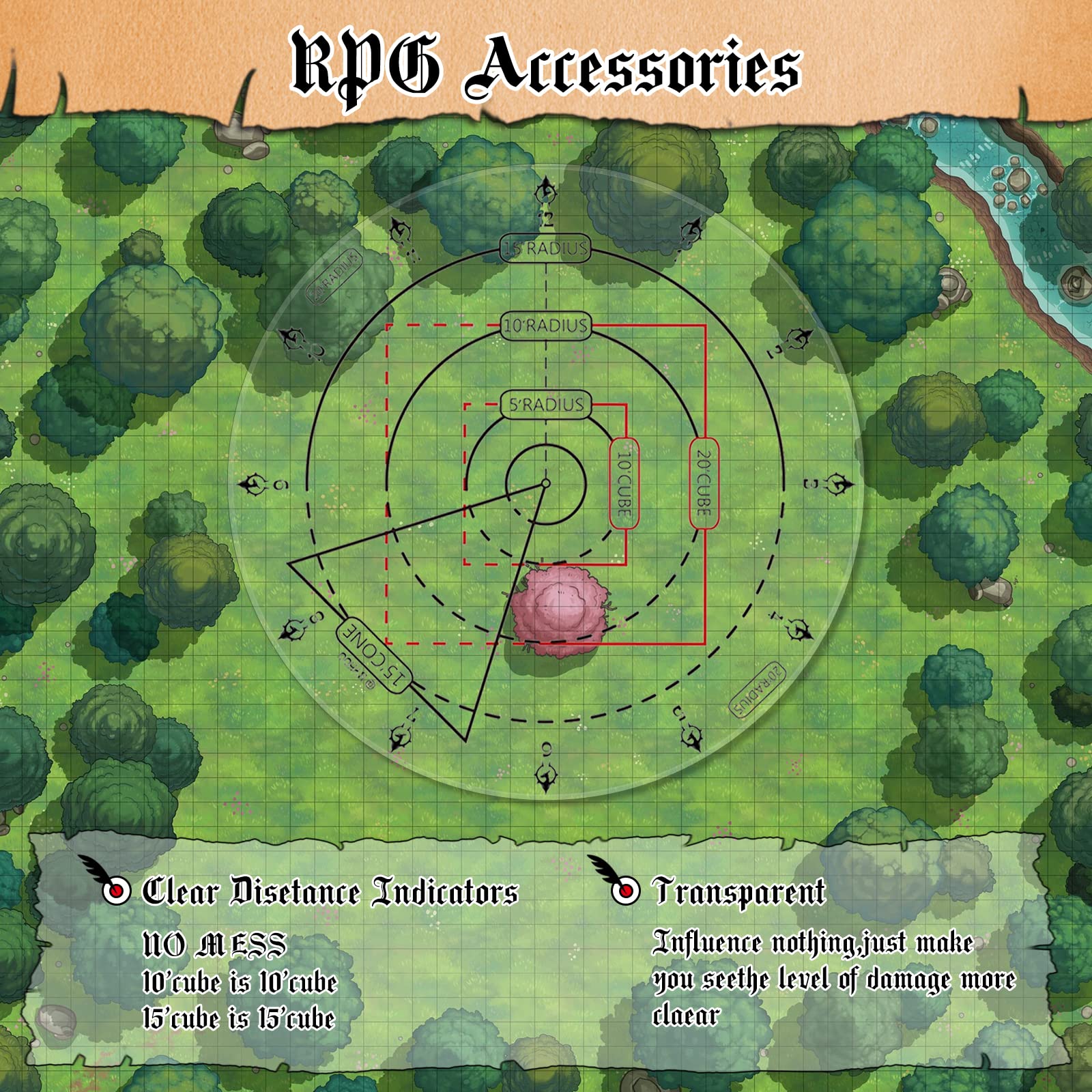 Byhoo Spell AOE Damage Marker DND Area Effect Template - 1" Grid or Hex Tabletop Game Mat RPG Gaming Accessories for Dungeons and Dragons 5E Pathfinder and Other TTRPGs